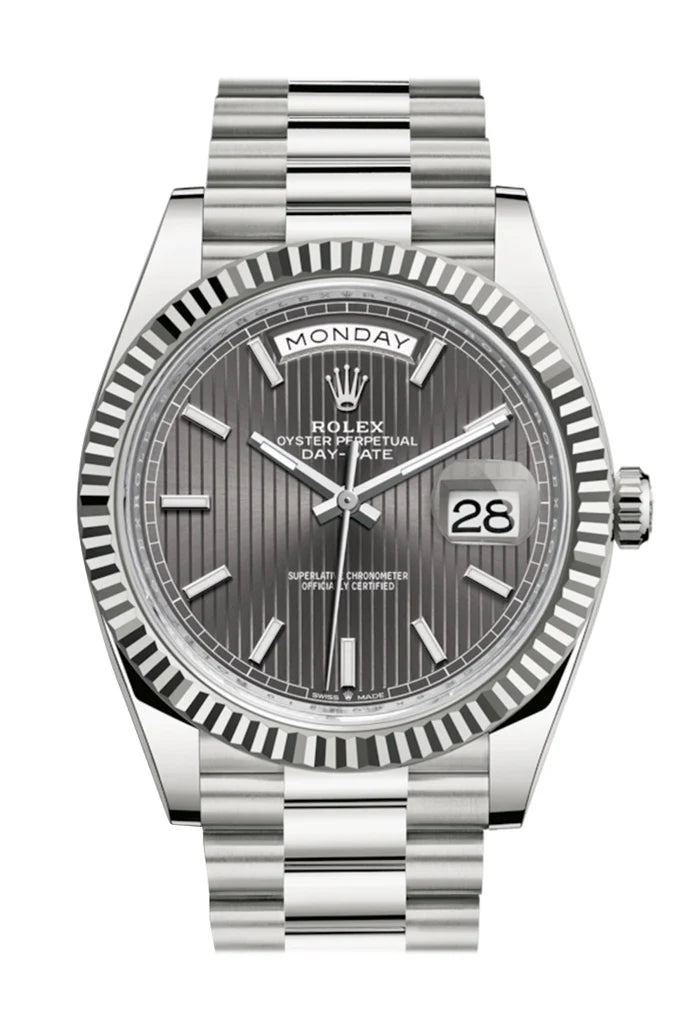 Rolex Day-Date 40 Dark Rhodium Stripe Motif Dial Fluted Bezel White Go ...